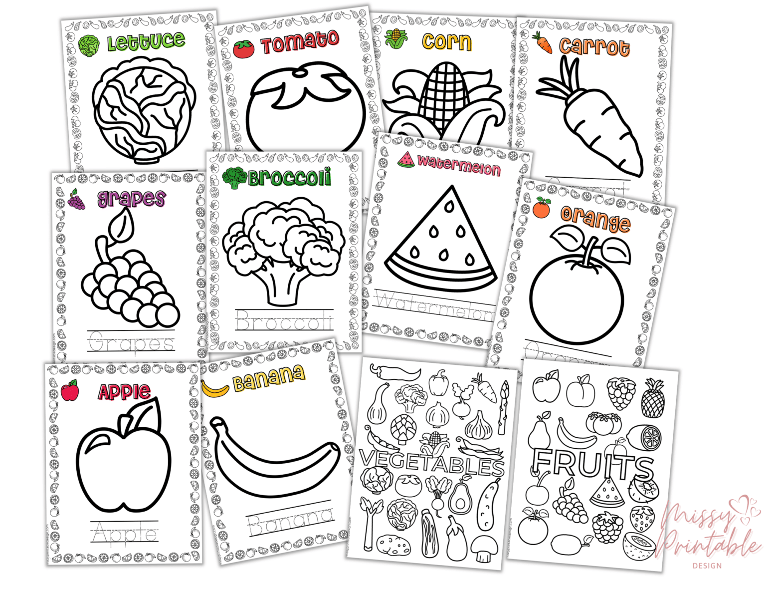Free Vegetable and Fruit Coloring Pages for Kids - MissyPrintableDesign